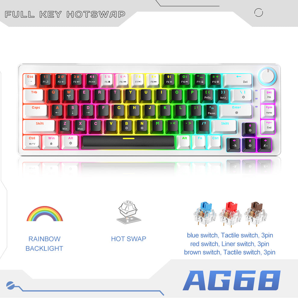 AG68 67 Keys with knob Hot-Swappable Switch ABS Keycap Rainbow Bcaklit ...