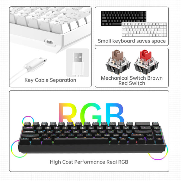 TK68 Black 68Keys RGB Backlit N-key rollover Wired Mode Plug and Play ...